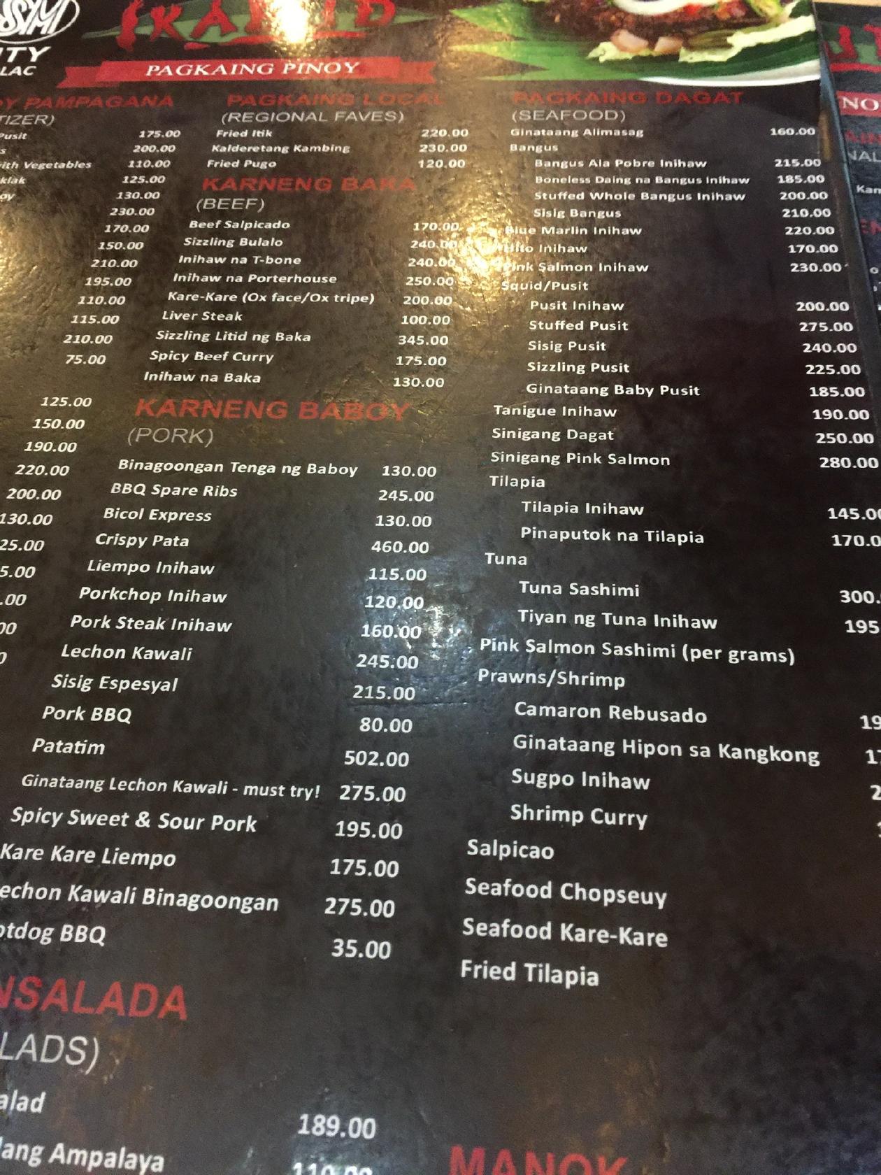 Menu at IKABUD restaurant, Tarlac City