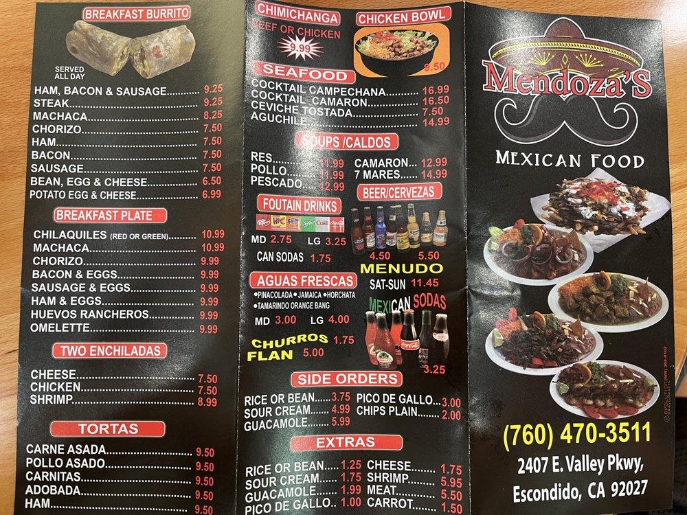 Menu at Mendoza’s Mexican Food restaurant, Escondido
