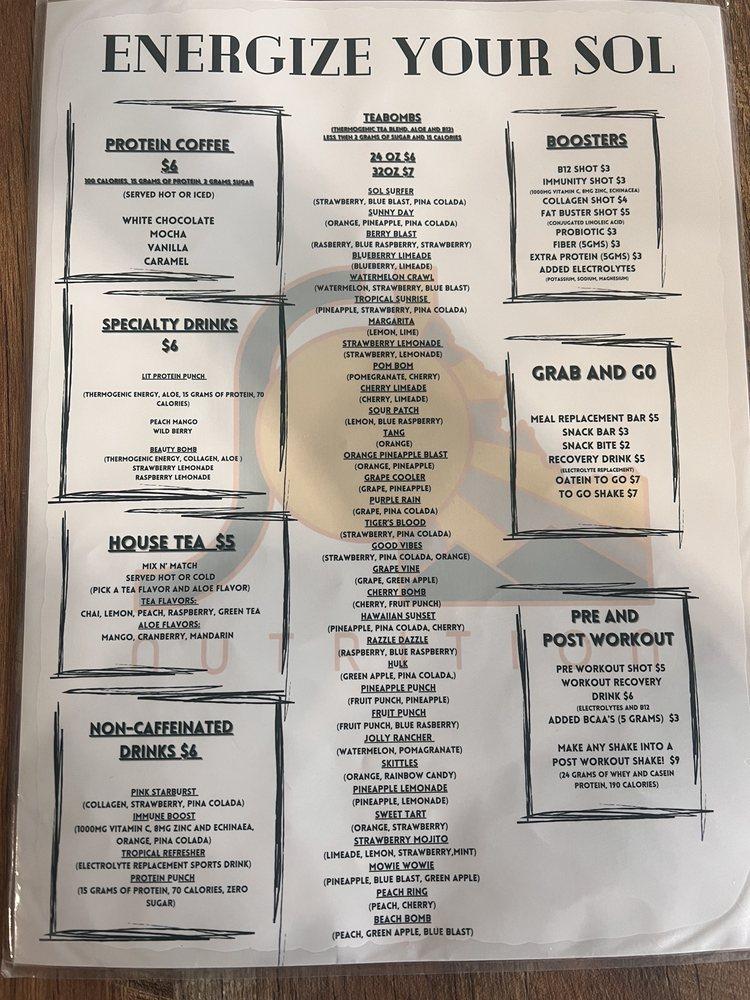 Menu at Sol Nutrition pub & bar, Meridian