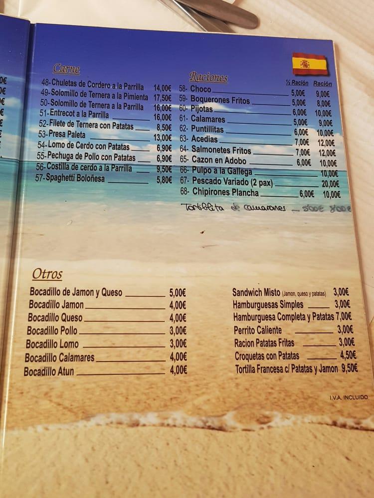 Menu at Chiringuito La Cabra I · Playa pub & bar, Isla Canela