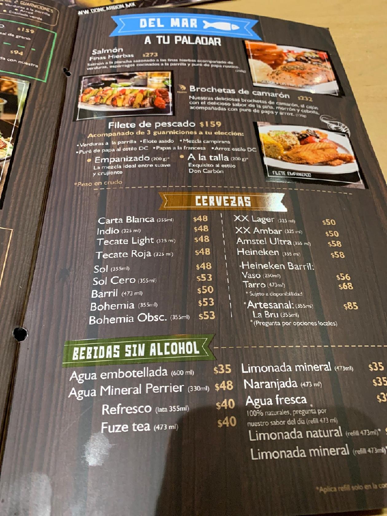 Menu at Don Carbón pub & bar, Santiago de Querétaro
