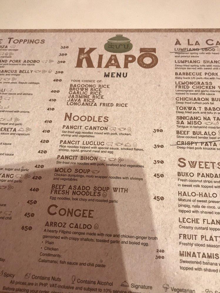 Menu at Kiapo restaurant, Parañaque, Okada Manila