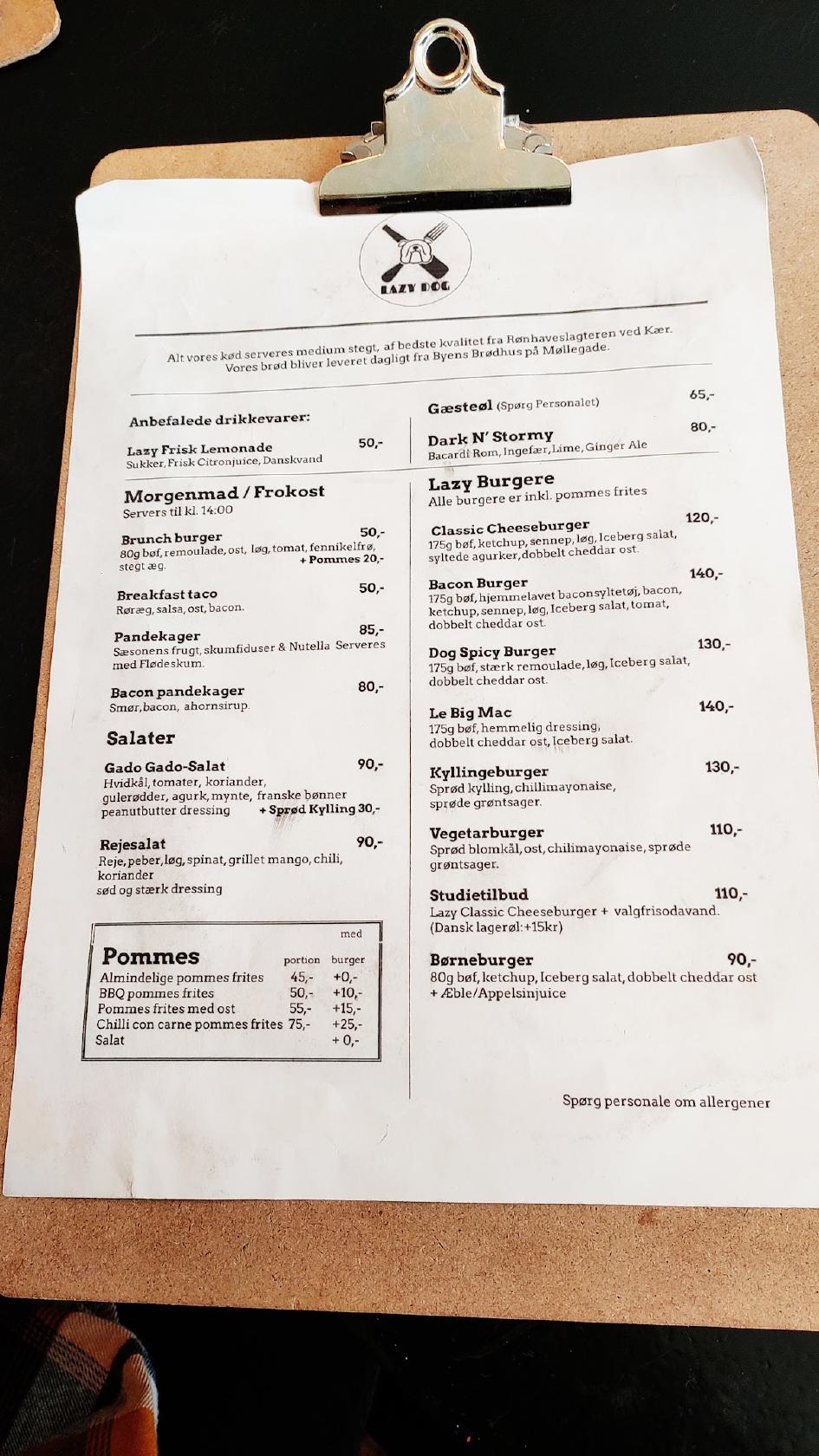 Menu at Lazy Dog Burgers restaurant, Sønderborg