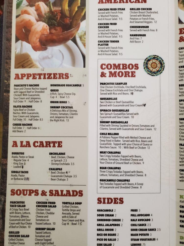 Menu at Panchito's Mexican Restaurant, Granbury