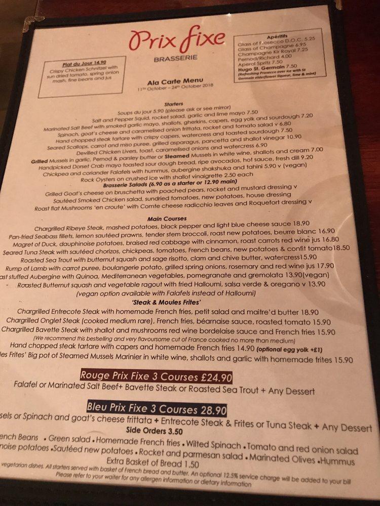 Menu at Prix Fixe Brasserie restaurant, London