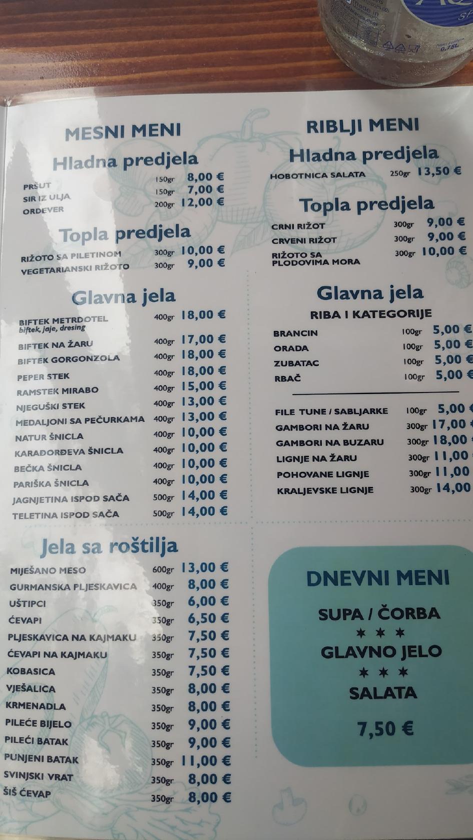 Menu at Restoran Plavi Horizonti restaurant, Mrčevac