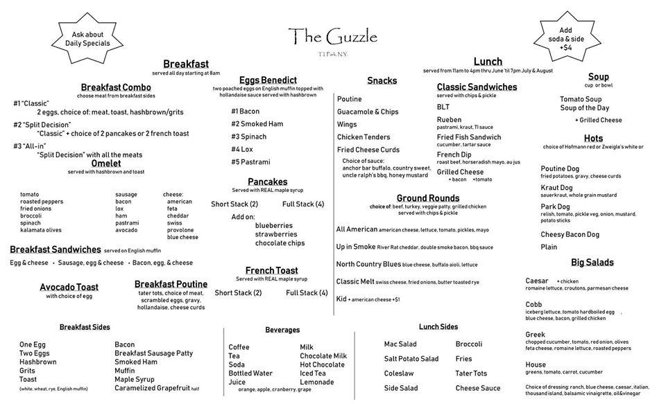 Menu at The Guzzle restaurant, Thousand Island Park