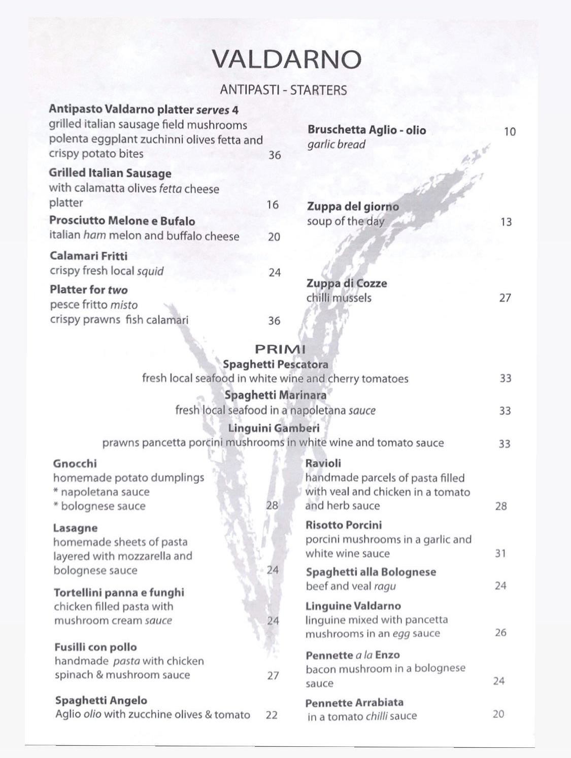 Menu at Valdarno restaurant, Dalkeith