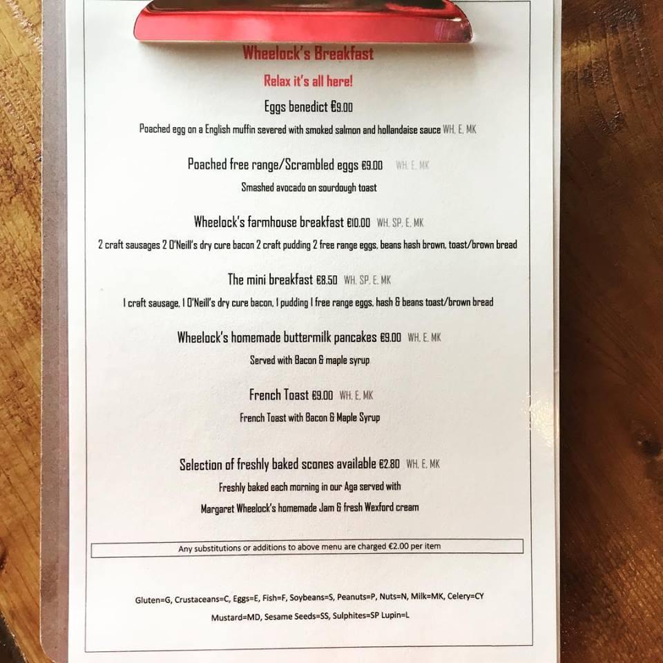 Menu at The Village at Wheelocks cafe, Ireland, Finchogue