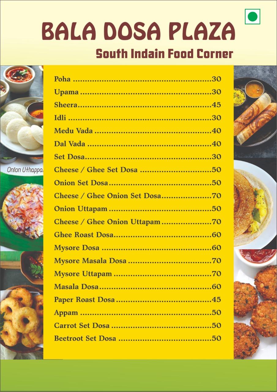 Menu at Bala Dosa Plaza, Thane