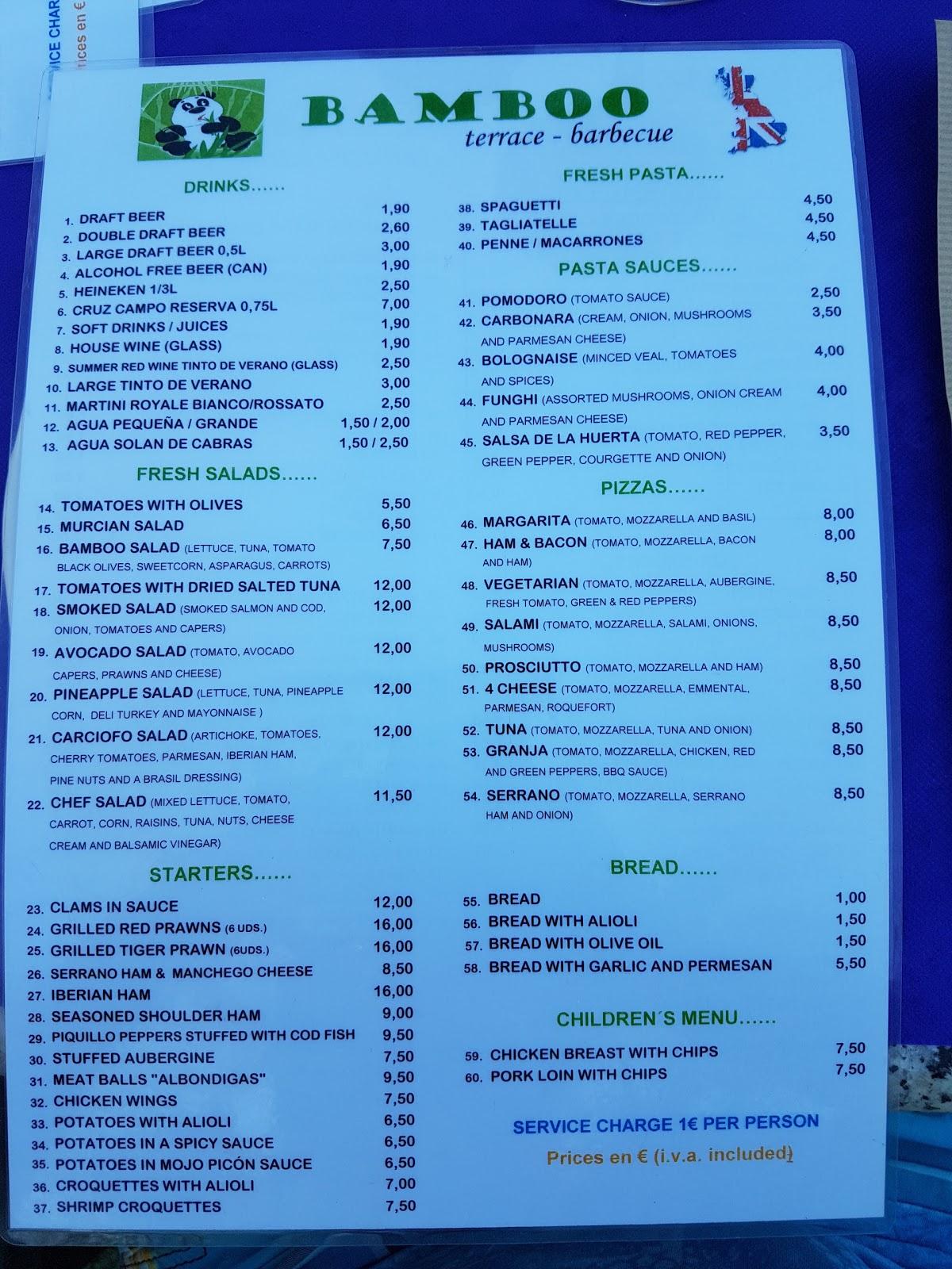 Menu at Bamboo restaurant, La Manga