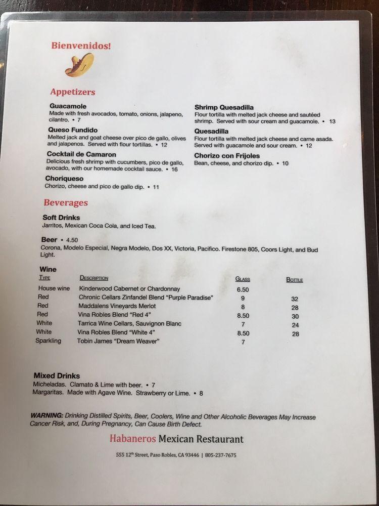 Menu at Habaneros Mexican Restaurant, Paso Robles