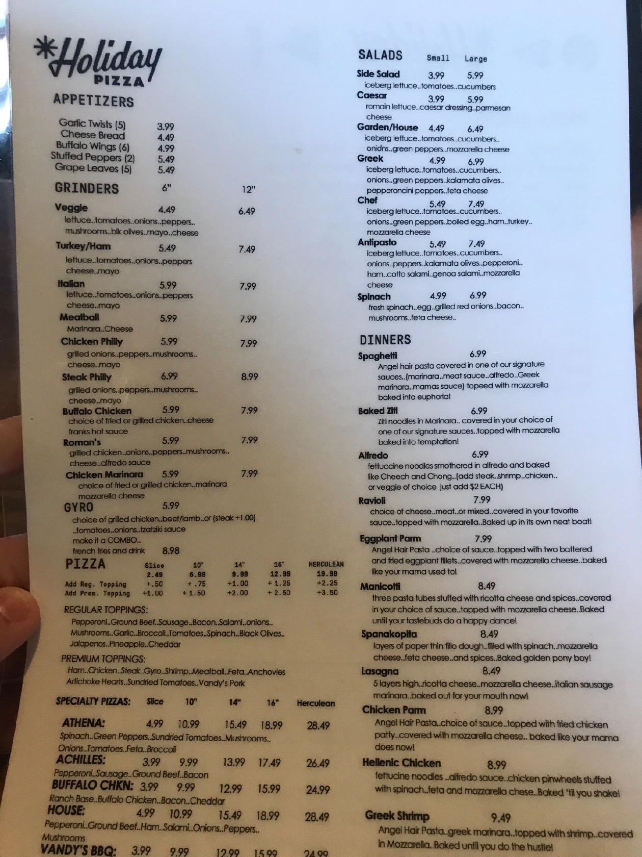 Menu at Holiday Pizza restaurant, Statesboro, 406 Fair Rd #10