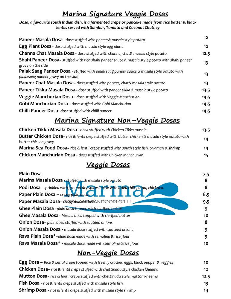 Menu au MARINA KULCHA & DOSA & WRAPS restaurant, Calgary