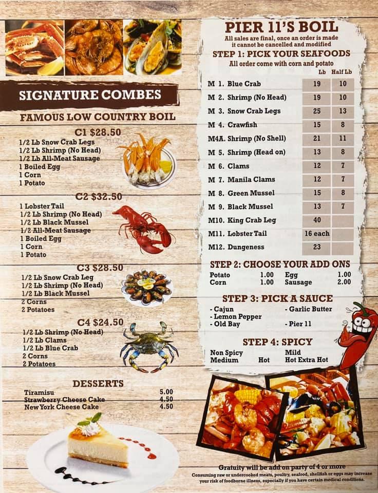 Menu at Pier 11 boiling seafood & bar, Reynoldsburg
