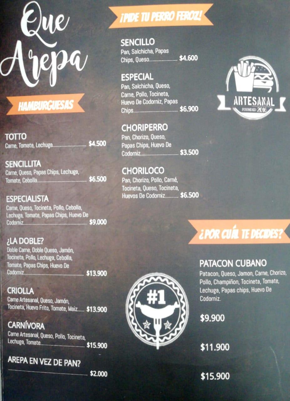 Menu at Q Arepa La Arepa restaurant, Bogotá