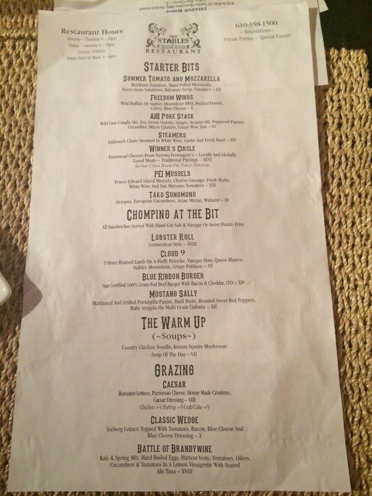 Menu at The Stables of Yellow House restaurant, Glen Mills