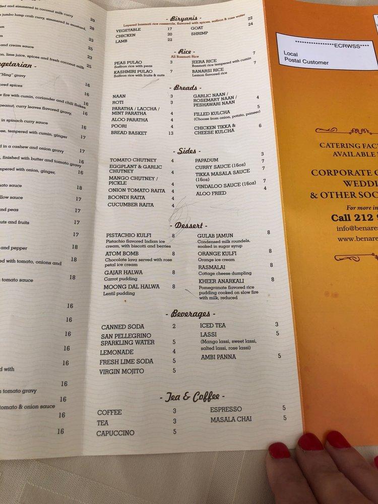 Menu at Benares - Modern Indian Restaurant & Caterers, Wyckoff