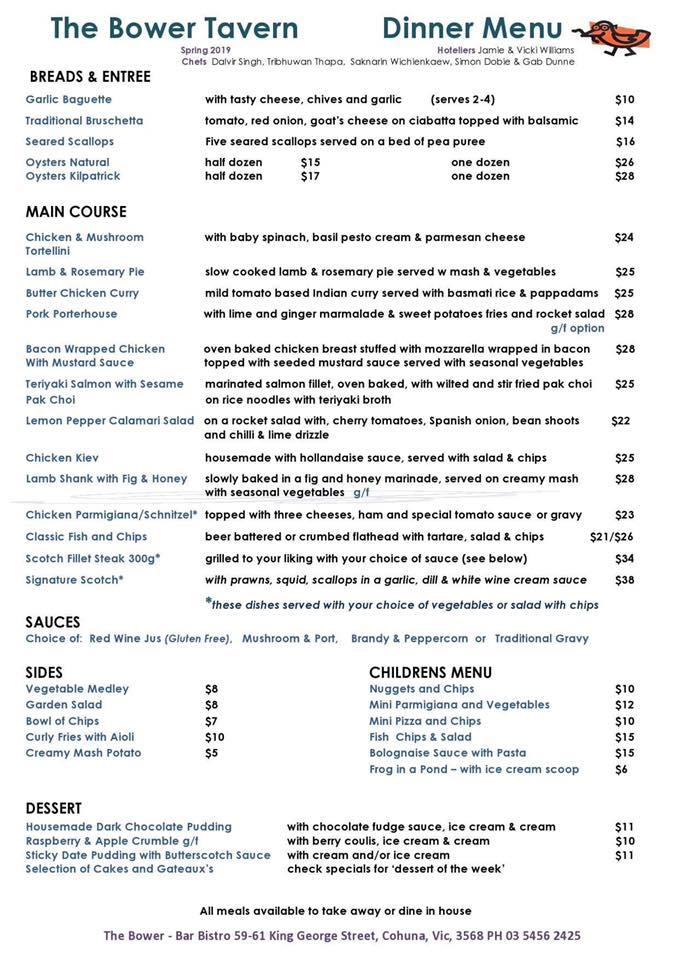 Menu at The Bower Tavern restaurant, Cohuna