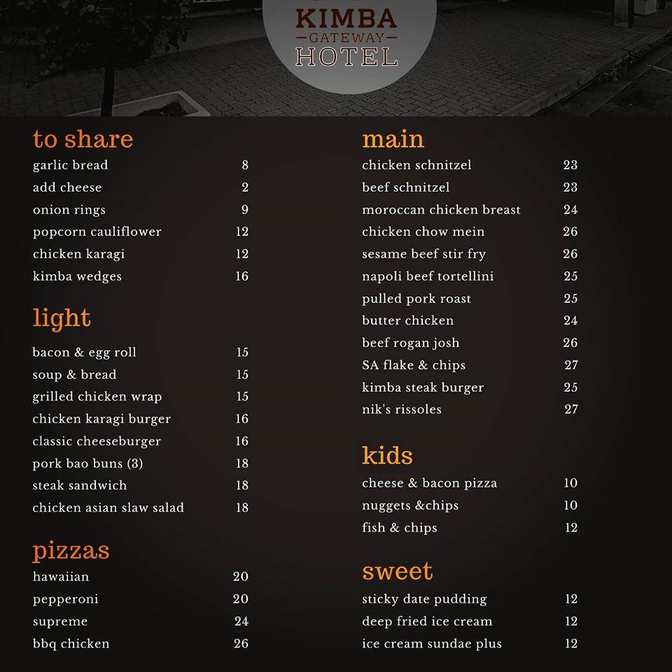Menu at Kimba Gateway Hotel restaurant, Kimba
