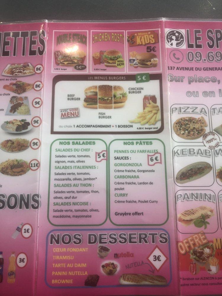 Menu au Le Speedway pizzeria, Alençon