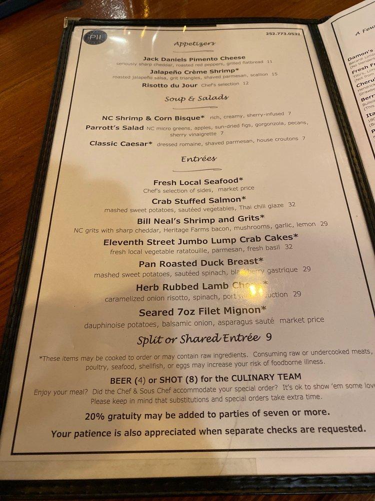 Menu at Parrott's On Eleventh restaurant, Morehead City