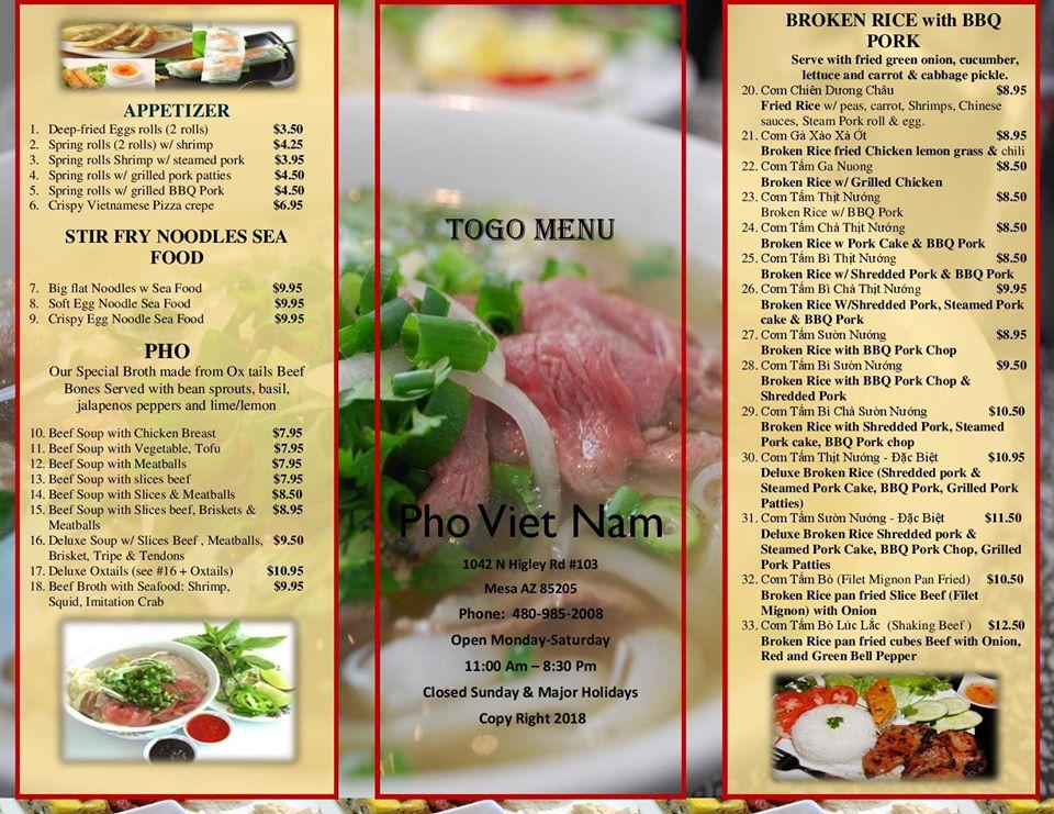 Menu at Pho Viet Nam 2 restaurant, Mesa, E Main St