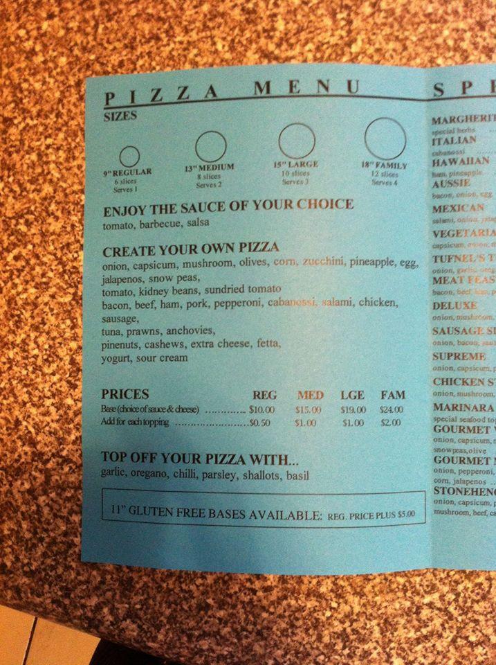Menu at Stonehenge Pizza pizzeria, Terrey Hills
