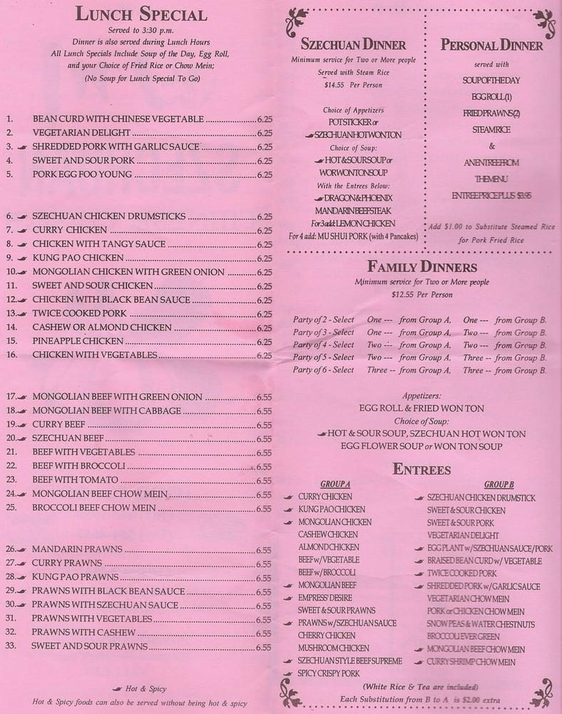Menu at Szechuan Chinese Cuisine restaurant, Vallejo