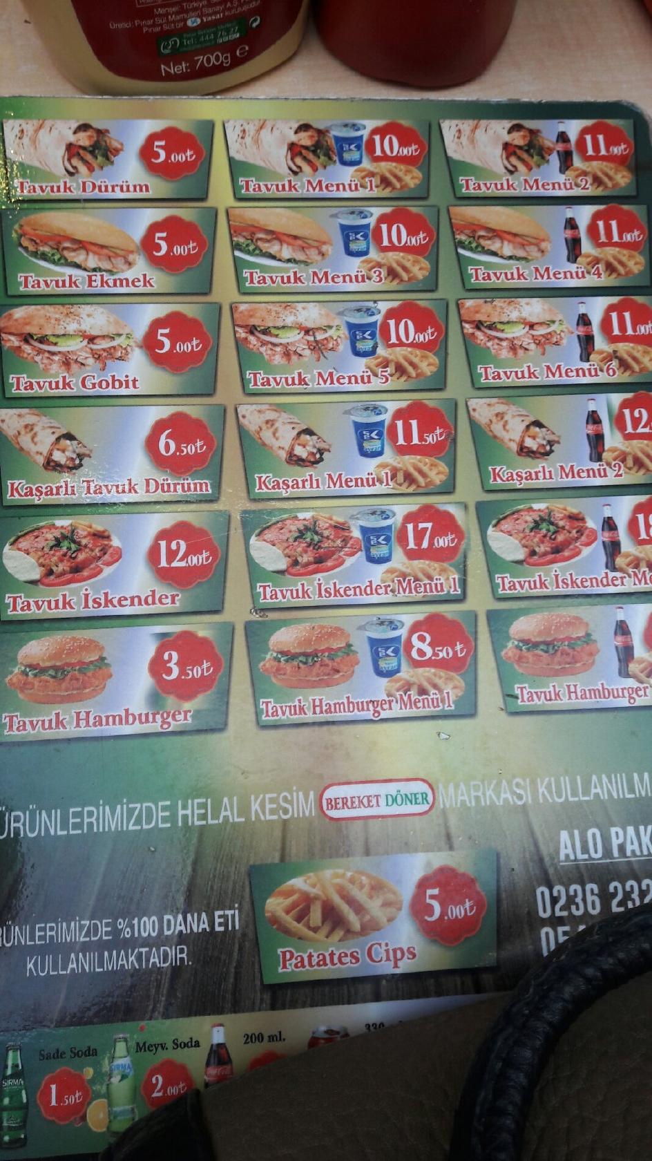 Menu at Tadım Döner, Manisa