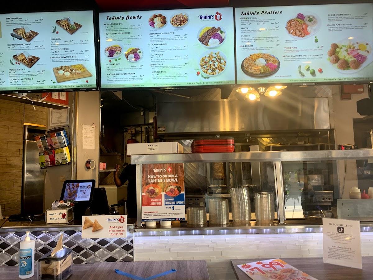 Menu at Tahini's Shawarma restaurant, London, 11-551 Richmond St