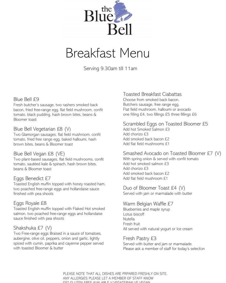 Menu at The Blue Bell Bistro pub & bar, New Quay