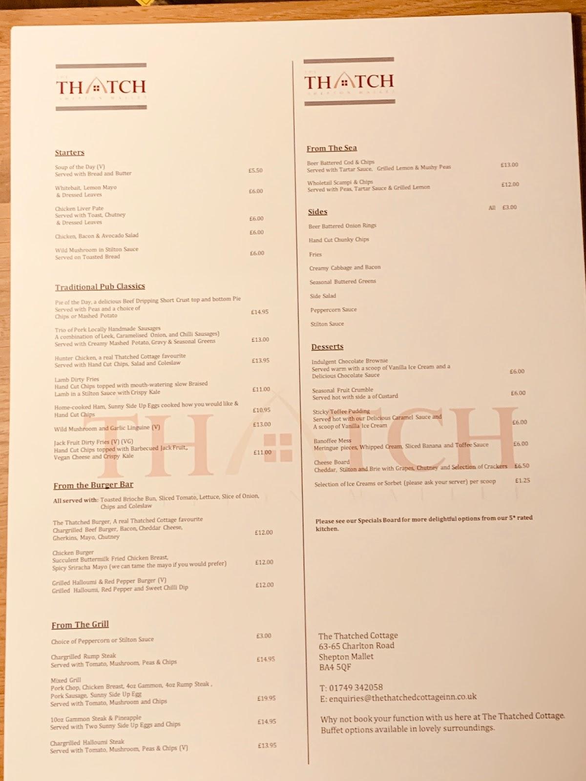 Menu at The Thatched Cottage Inn pub & bar, Shepton Mallet