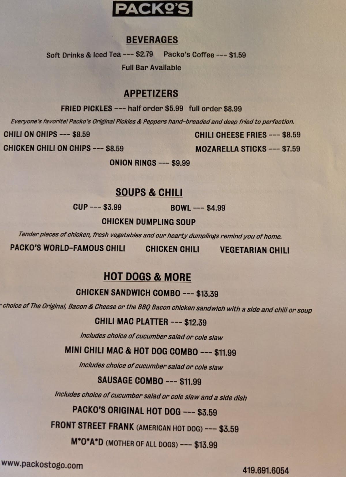 Menu at Tony Packo's Restaurant, Toledo, Front St