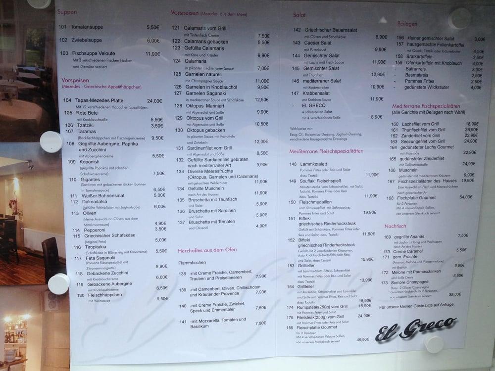 Menu au El Greco restaurant, Kreuzau