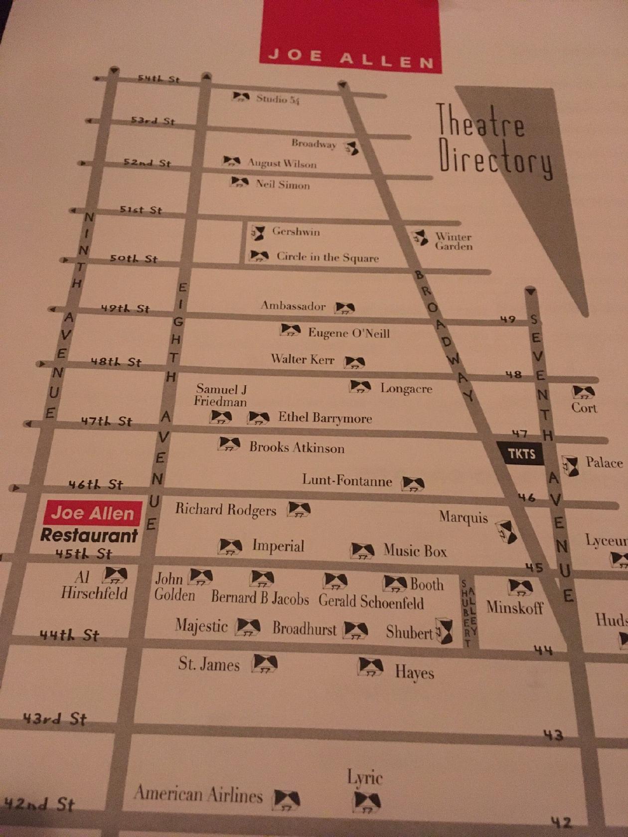Menu at Joe Allen pub & bar, West New York