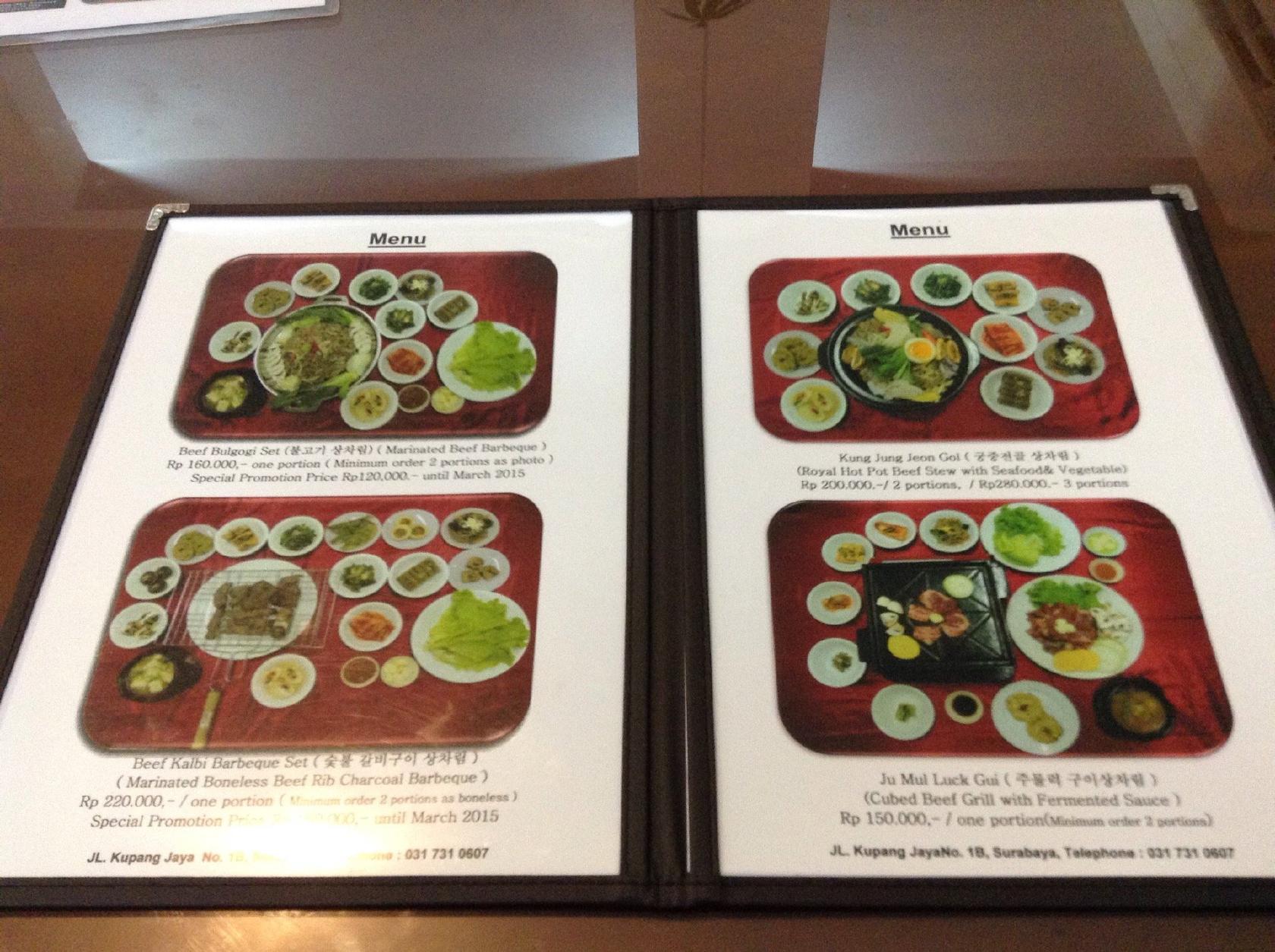 Menu at Bul-go-gi restaurant, Surabaya
