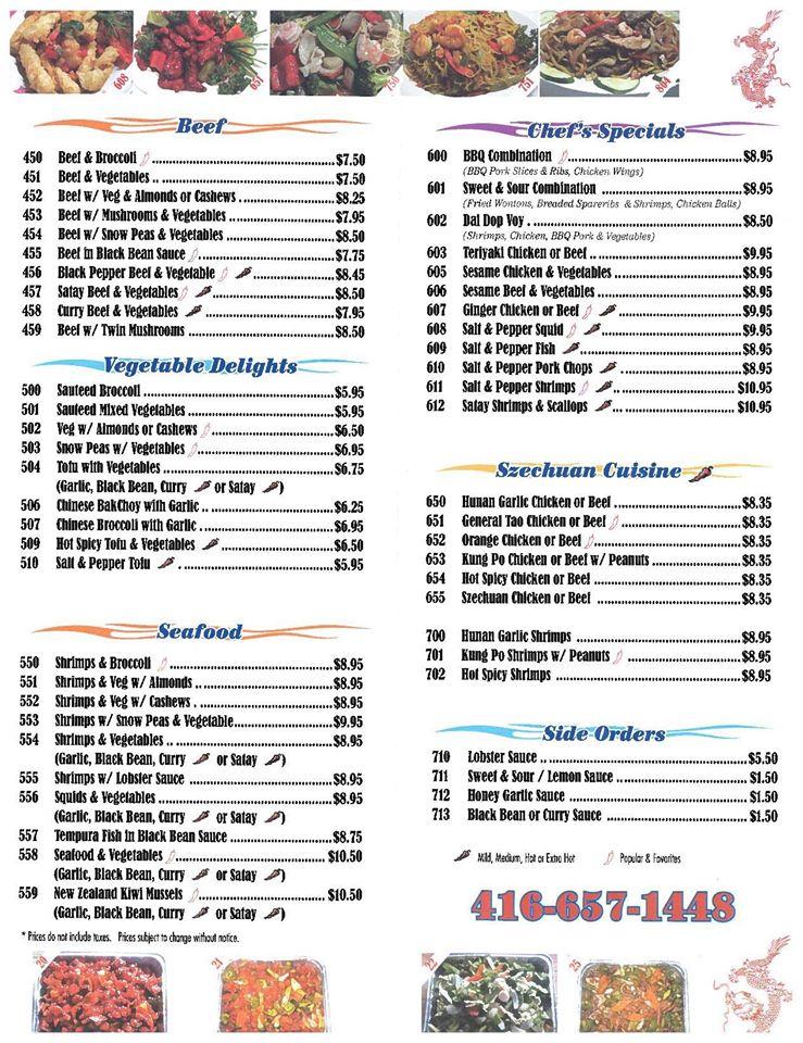 Menu at Dragon Delight restaurant, Toronto