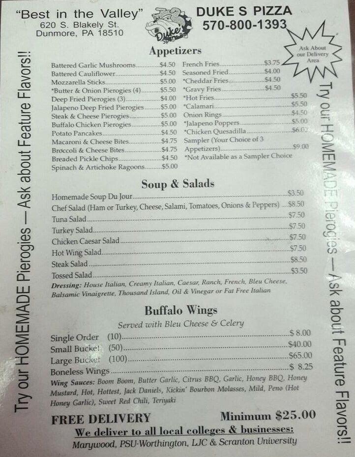 Menu at Duke's Pizza pizzeria, Dunmore