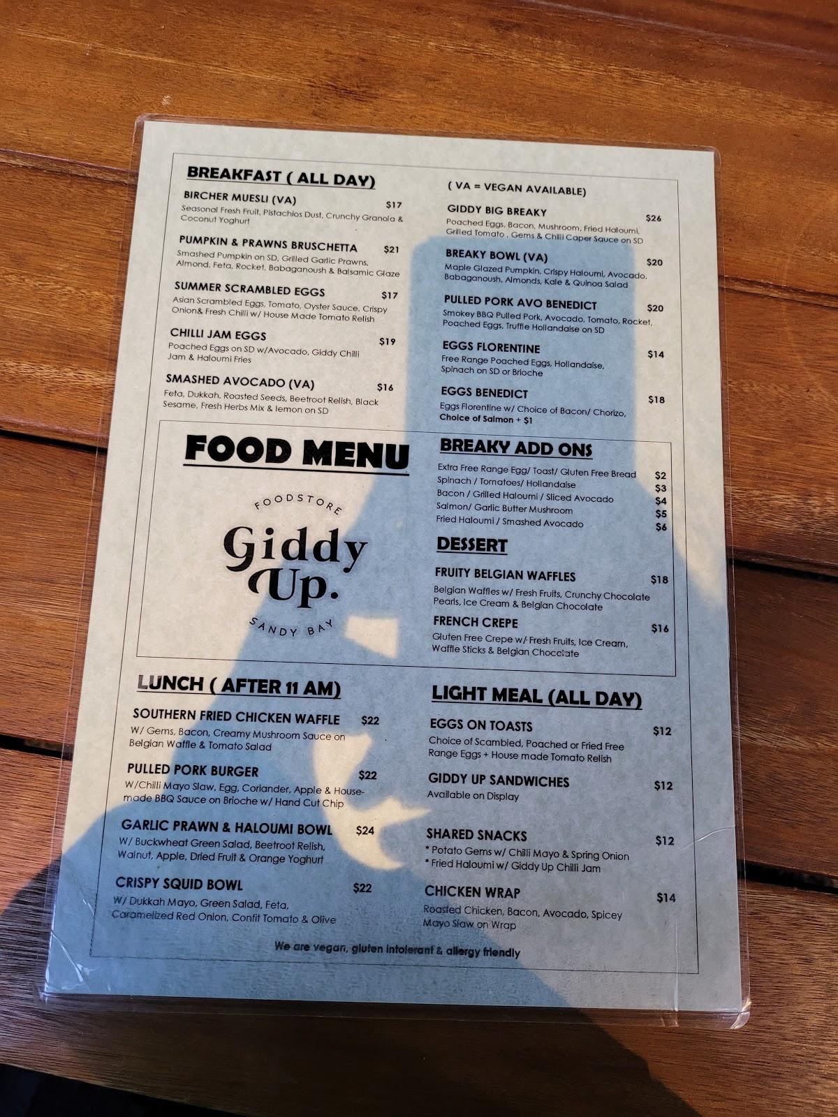 Menu at Giddy Up Foodstore cafe, Sandy Bay