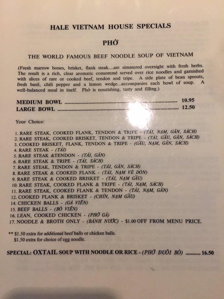 Menu at Hale Vietnam Restaurant, Honolulu