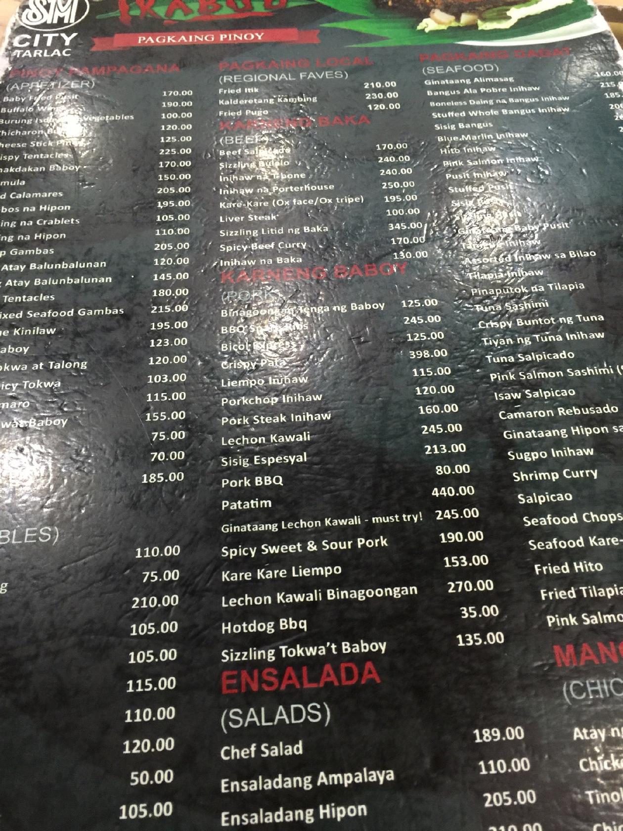 Menu at IKABUD restaurant, Tarlac City