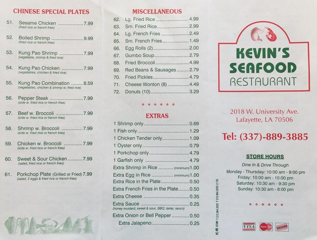 Menu at Kevin's Seafood restaurant, Lafayette