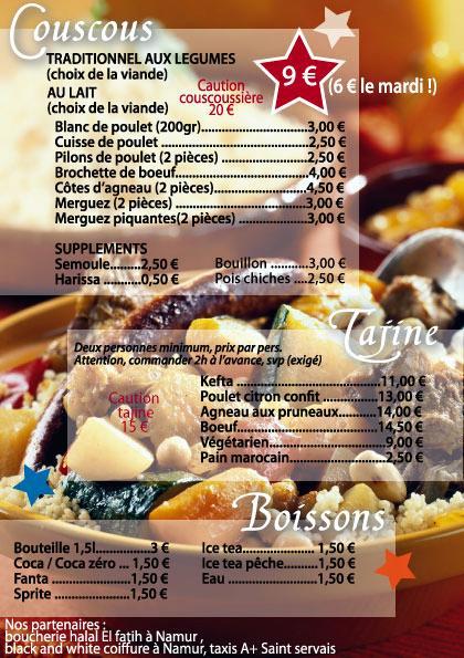 Menu at L'étoile du couscous, Namur