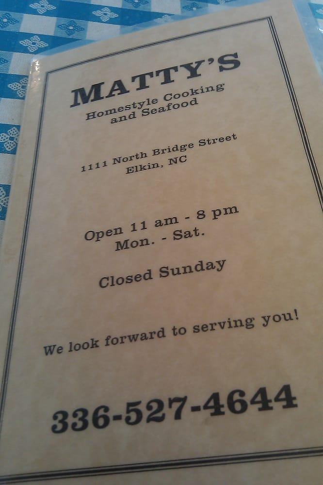 Menu at Matty's restaurant, Elkin