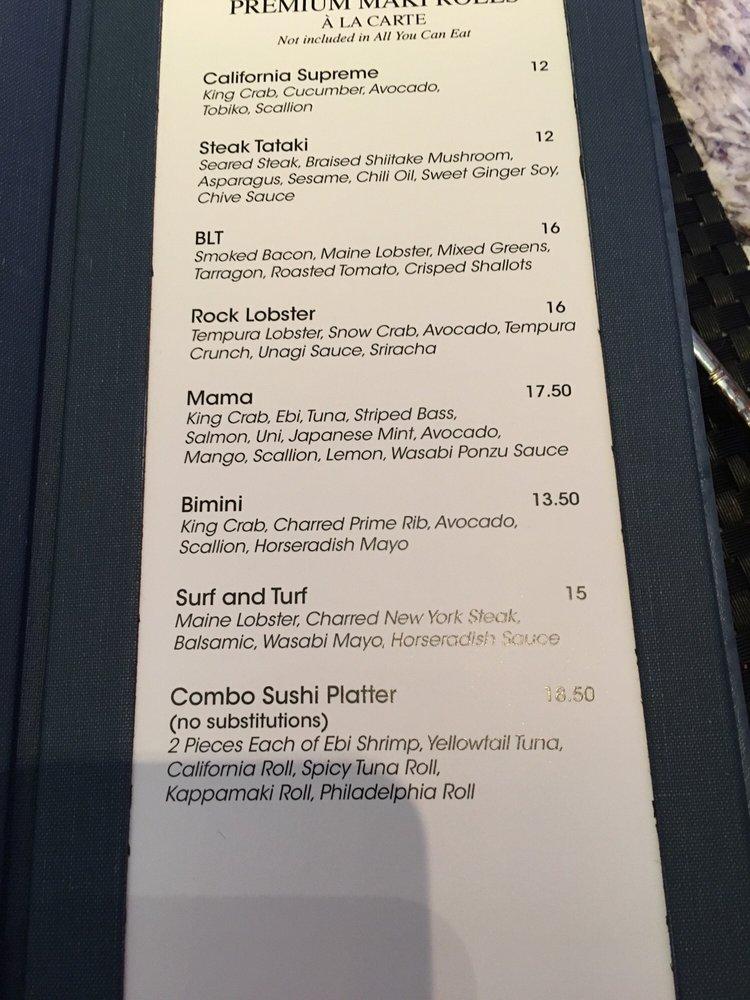 Menu at Oceano restaurant, Reno