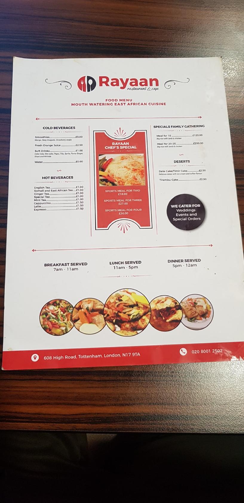 Menu at Rayaan Restaurant & Cafe, London