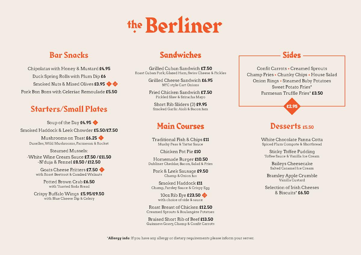 Menu at The Deer's Head pub & bar, Belfast