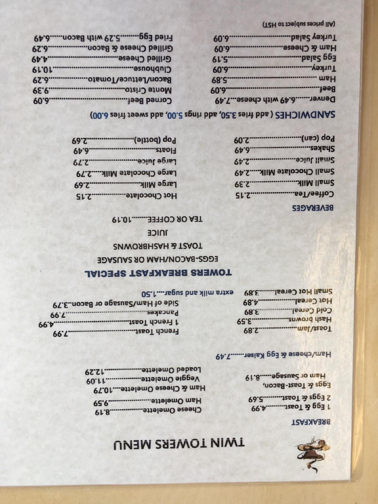 Menu at Twin Towers restaurant, Dryden, ON-17
