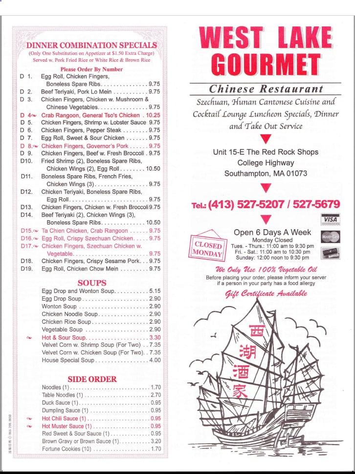 Menu at West Lake Gourmet restaurant, Southampton